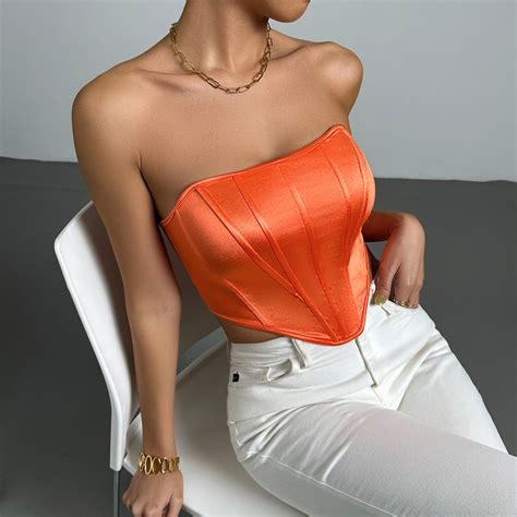 Shiny Strapless Diamond Crop Low Back Herringbone Wrapped Tank Top