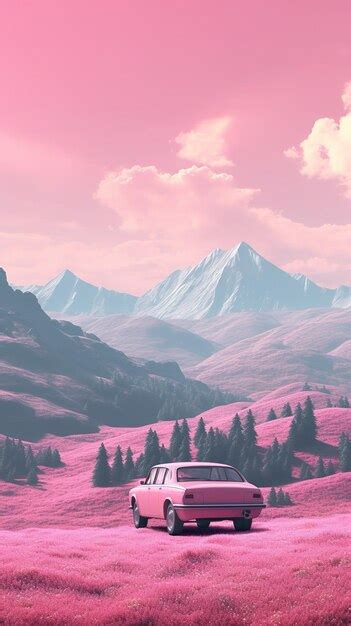Premium Ai Image Beautiful Classic Car Pink Wallpaper Mountains View