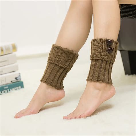 Women Knit Leg Warmer Short Boot Cuffs Buttons Crochet Boot Socks