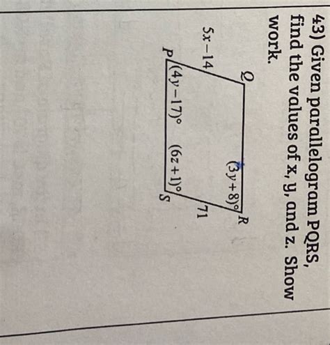 solved given parallelogram pqrs ﻿find the values of x y