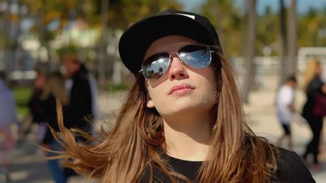 Beautiful Girl At Miami Beach On A Windy Day In Slow Motion Miami
