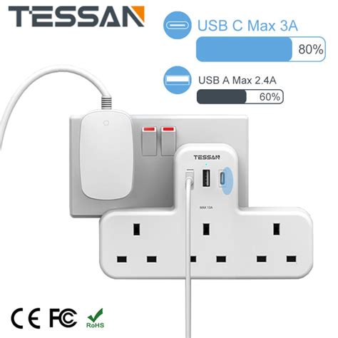 Extension Plug With USB And USB C TESSAN Way Plug Adapter UK With Multi USB Plug Wall