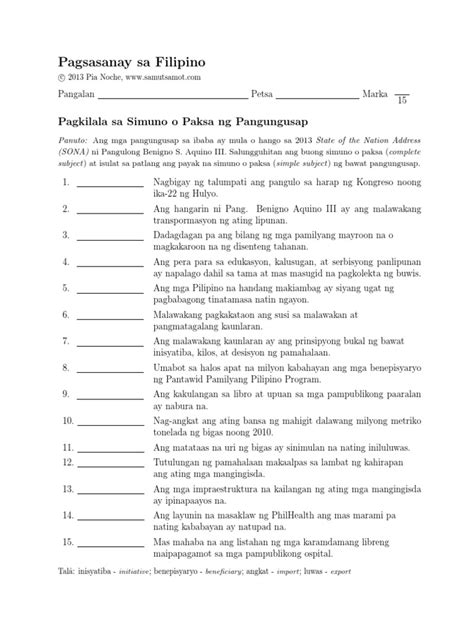 Pagkilala Sa Simuno O Paksa Ng Pangungusap 1 1 Pdf Pdf
