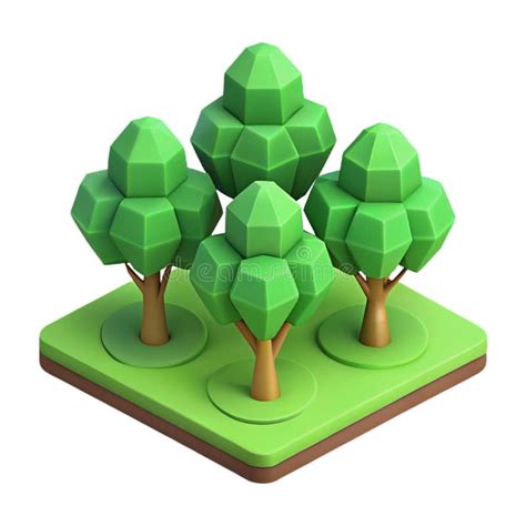Four Isometric 3d Stylized Low Poly Trees On A Green Landscape Patch