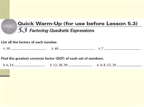 PPT Section Factoring Quadratic Expressions PowerPoint Presentation ID