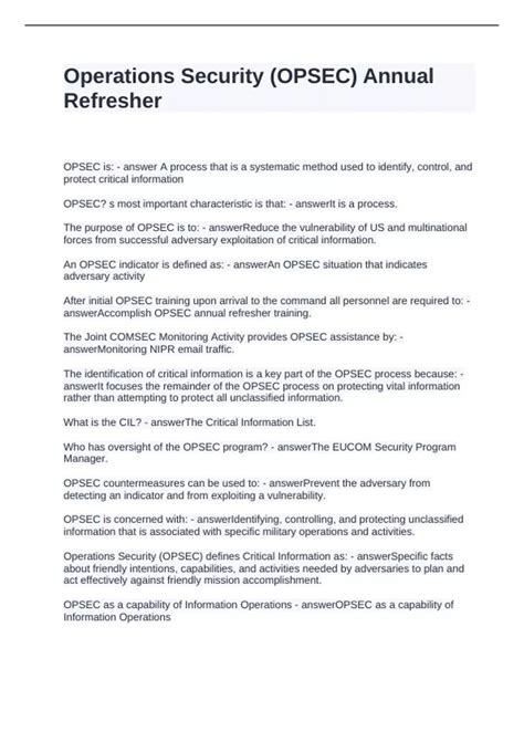 Operations Security Opsec Annual Refresher Questions And Answers 2024 Annual Security
