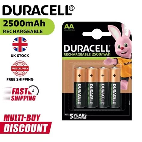 4x Duracell Aa 2500mah Rechargeable Batteries High Power Duralock Lr6