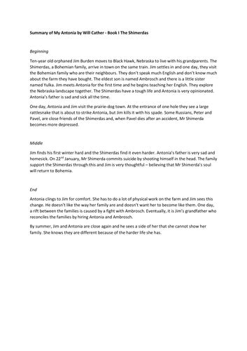 Summary Of My Antonia By Will Cather Book I The Shimerdas Teaching