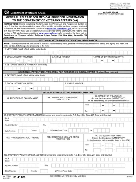 VA Form 21 4142A General Release For Medical Provider Information To