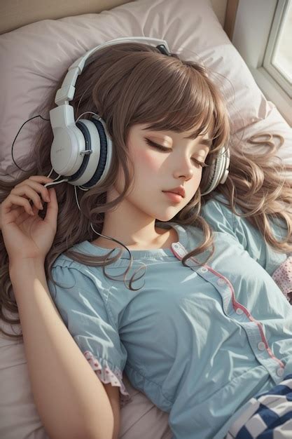 Premium Ai Image A Woman With Headphones On Her Head Resting On A Bed