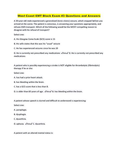 West Coast EMT Block Exam 3 Questions And Answers Scholarfriends