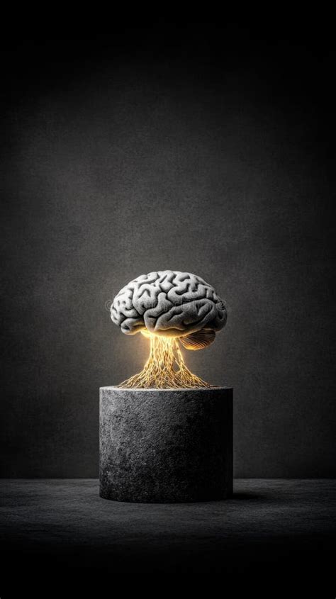 Glowing Brain Sculpture On Pedestal With Neural Network Aesthetic In