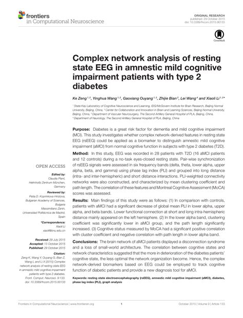 Pdf Complex Network Analysis Of Resting State Eeg In Amnestic Mild