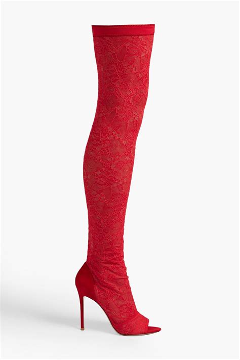 حذاء بوت ميسي بطول فوق الركبة من الجلد السويدي والدانتيل المرن من Gianvito Rossi ذا اوت نت