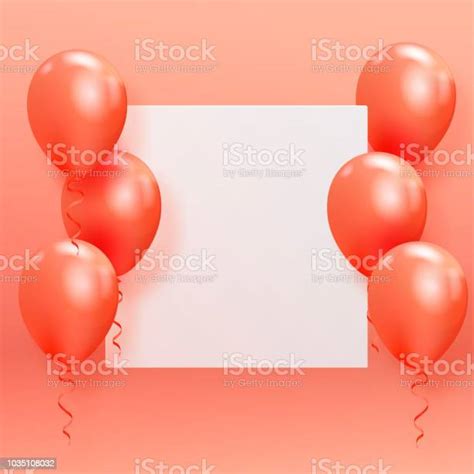현실적인 광택 헬륨 풍선 그리고 주황색 배경 위에 떠 있는 종이 생일 파티 결혼식 또는 프로 모션 배너 또는 포스터에 대 한