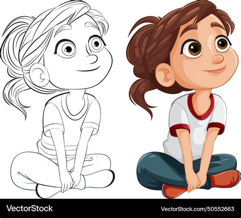 Two Animated Girls Sitting Smiling And Looking Up Vector Image