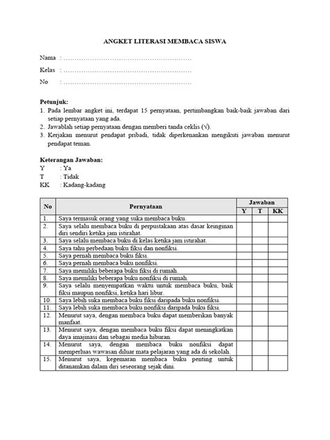 Angket Literasi Membaca Siswa Pdf
