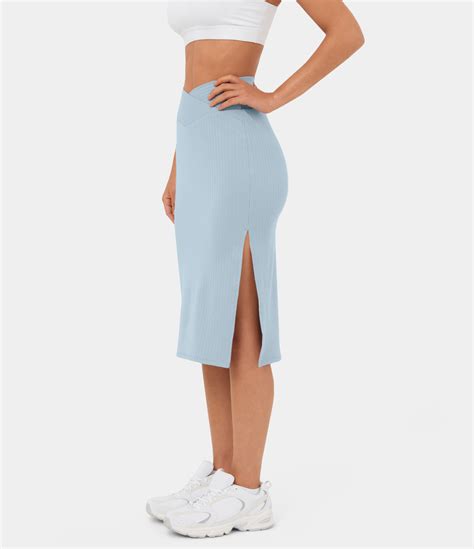 Womens Ribbed Knit High Waisted Crossover Side Split Bodycon Midi