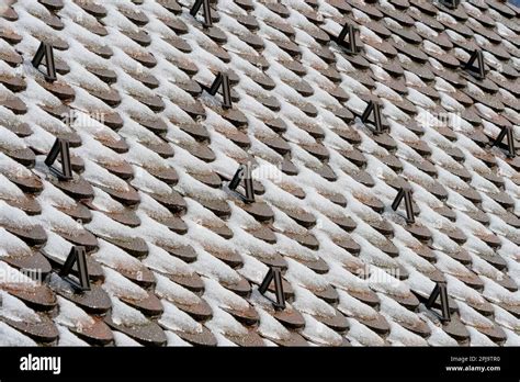 Roof Tiles Covered With A Thin Snow Cover Chartreuse Chain Isère