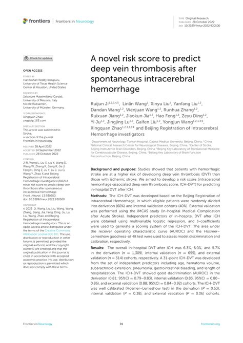 Pdf A Novel Risk Score To Predict Deep Vein Thrombosis After Spontaneous Intracerebral Hemorrhage