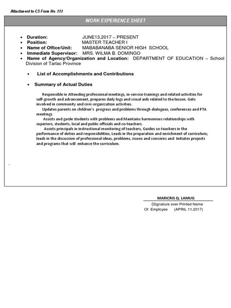 Cs Form No 212 Attachment Work Experience Sheet Pdf Education Theory Communication