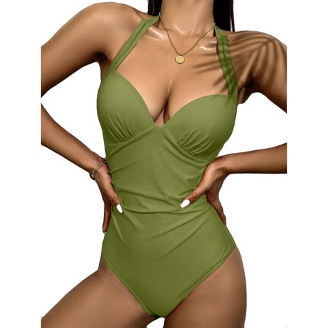 DeHolifer Women S One Piece Swimsuit Sexy Solid Color V Neck Bikini