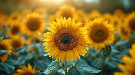Premium Photo Field Of Sunflowers With Bees Pollinating Wallpaper