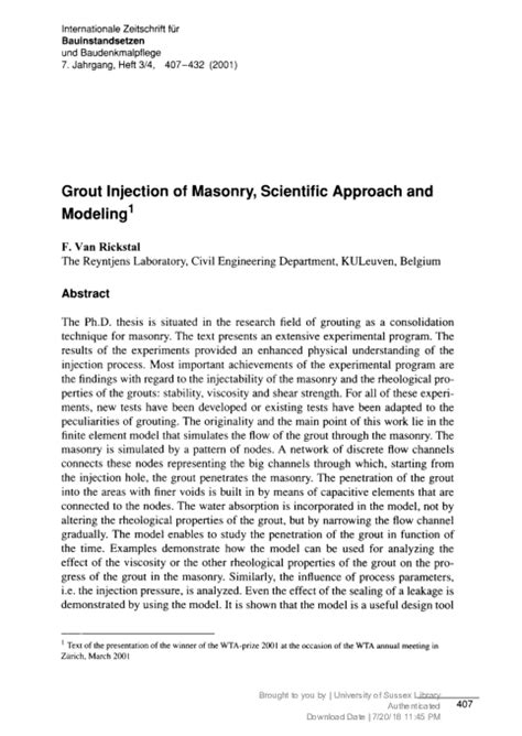 Pdf Grout Injection Of Masonry Scientific Approach And Modeling