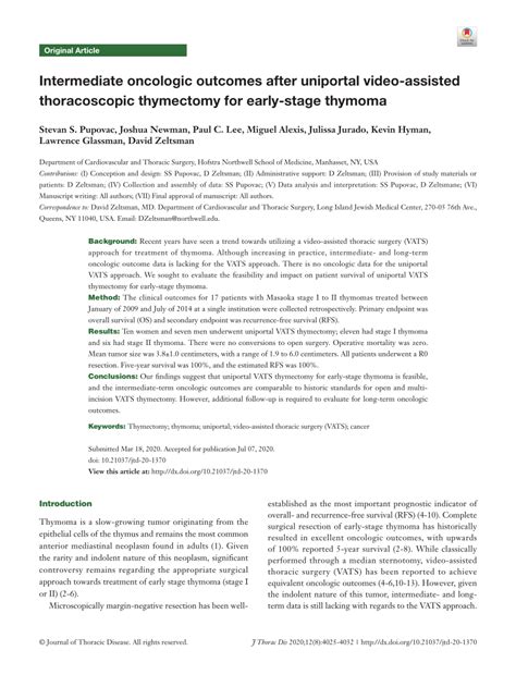 Pdf Intermediate Oncologic Outcomes After Uniportal Video Assisted Thoracoscopic Thymectomy