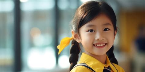 Premium Ai Image A Little Asian Schoolgirl Grinning Happily