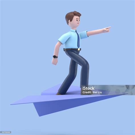 웃고 있는 아시아 남자 펠릭스가 거대한 종이 비행기에 서서 앞을 가리키는 3d 그림 흰색 배경에 3d 렌더링 American