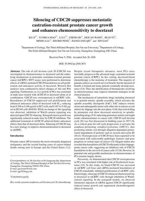 Pdf Silencing Of Cdc20 Suppresses Metastatic Castration Resistant