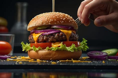 Premium Photo A Burger Being Assembled With Precision And Care