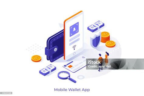 남자와 여자가 스마트 폰 돈 은행 카드에 서있는 개념적 인 템플릿입니다 모바일 지갑 앱 비접촉식 전자 결제를 위한 장면 웹 사이트에 대 한 현대 Isometric 벡터 그림