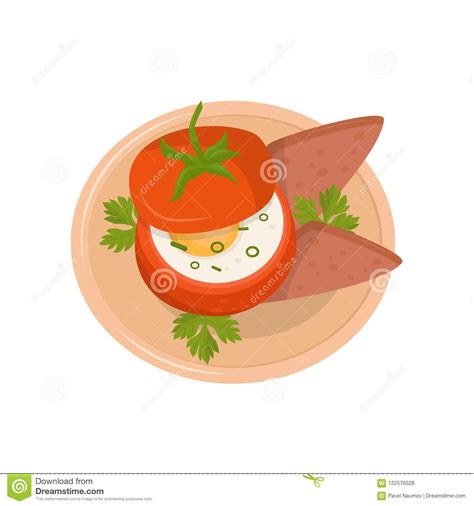 El Huevo Frito En Tomate Fresco Y Dos Rebanadas De Pan En Una Placa