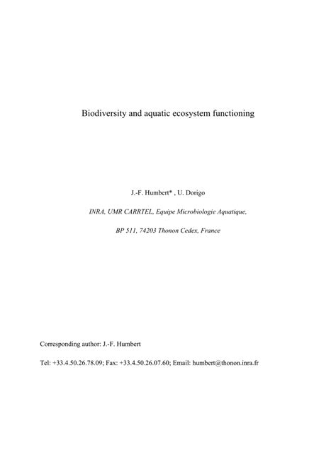 Pdf Biodiversity And Aquatic Ecosystem Functioning A Mini Review