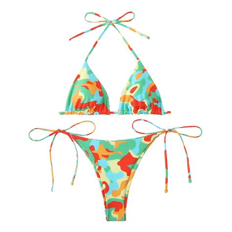 Gzea Womens Swimsuits New Sexy Womens Swimsuit Split Floral Drawstring Buckle Triangle Bag