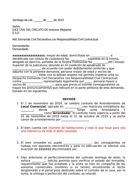 Demanda Declarativo CON Responsabilidad Civil Contractual Modelo