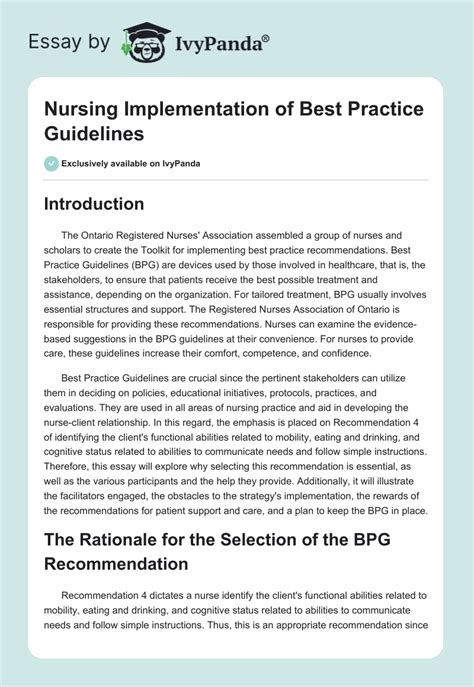 Nursing Implementation Of Best Practice Guidelines Words Research Paper Example
