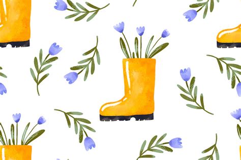 정원 노란색 고무 부츠와 푸른 꽃과 완벽 한 패턴 땅에서 농사를 짓고 일하십시오 수채화 손으로 그린 배경 0명에 대한 스톡 벡터 아트 및 기타 이미지 Istock