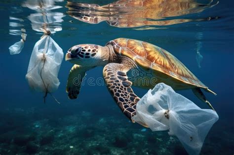 Turtle Swimming In Ocean With Plastic Bag Environmental Impact Of