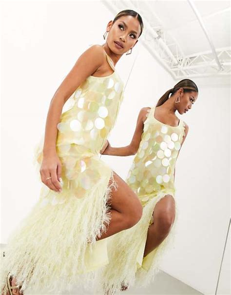 Asos Edition Paillette Sequin Midi Dress With Faux Feather Hem In Lemon