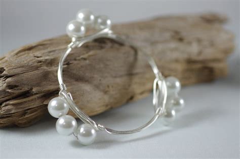 Pearl Wire Wrapped Bangle Bracelet Stackable Bracelets Etsy