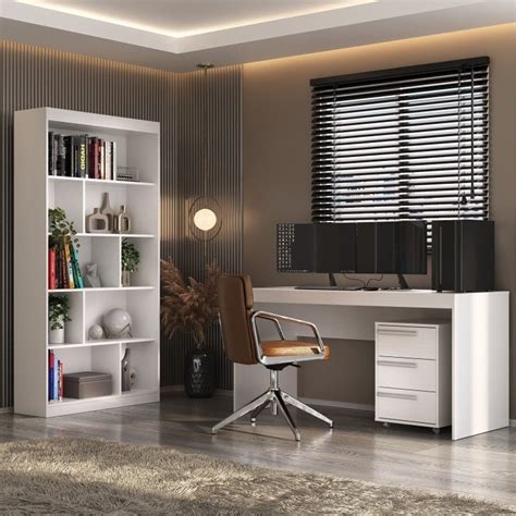 Conjunto Home Office 3 Peças Escrivaninha 150cm Gaveteiro e Estante