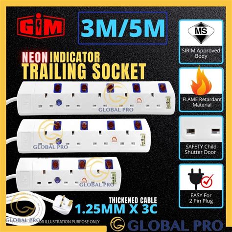 [sirim] Gim 3 4 5 Way 1 25mm X 3c 3 5 Mtr Portable Extension Trailing Socket Neon Indicator Full