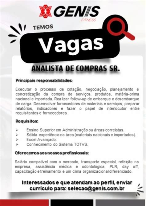Empresa Deseja Genis Seleciona Para Vaga Analista De Compras Sr Envie