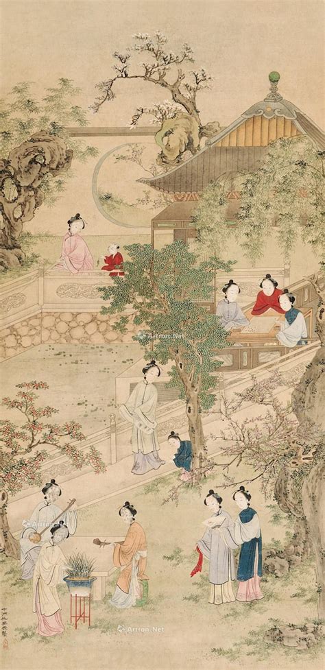 仇英——款《闺乐图》无题 庭园仕女人物小景 立轴欣赏 明仇英约1498 1552字实父，号十洲，吴门四家之一。擅人物仕女，工设色水墨、白描，偶作花鸟。与沈周、文徵明、唐寅并称为明四