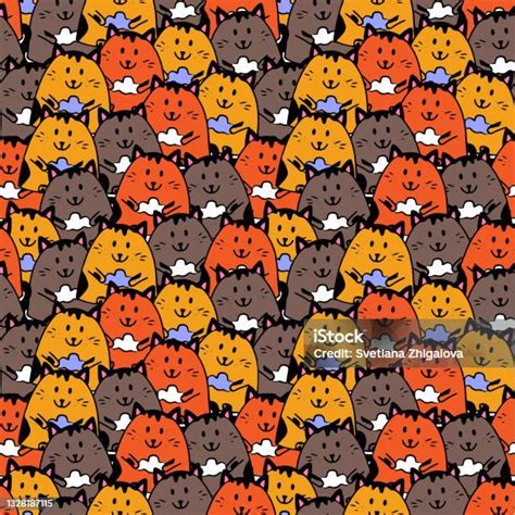 고양이와 매끄러운 패턴 발에 구름을 들고 새끼 고양이 색깔 낙서 스칸디나비아 스타일 귀여운 그림 만화 그림 손으로 그린 빨간색 노란색과 갈색 고양이 벡터 일러스트 고양이