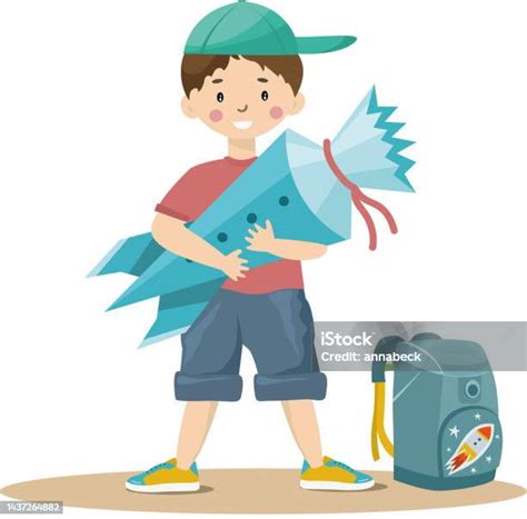 학교 가방과 학교 콘을 가진 귀여운 소년이 공부하러 갑니다 사탕 과자 콘에 대한 스톡 벡터 아트 및 기타 이미지 사탕 과자