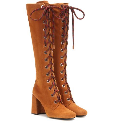 Prada Suede Knee High Boots In Brown Lyst